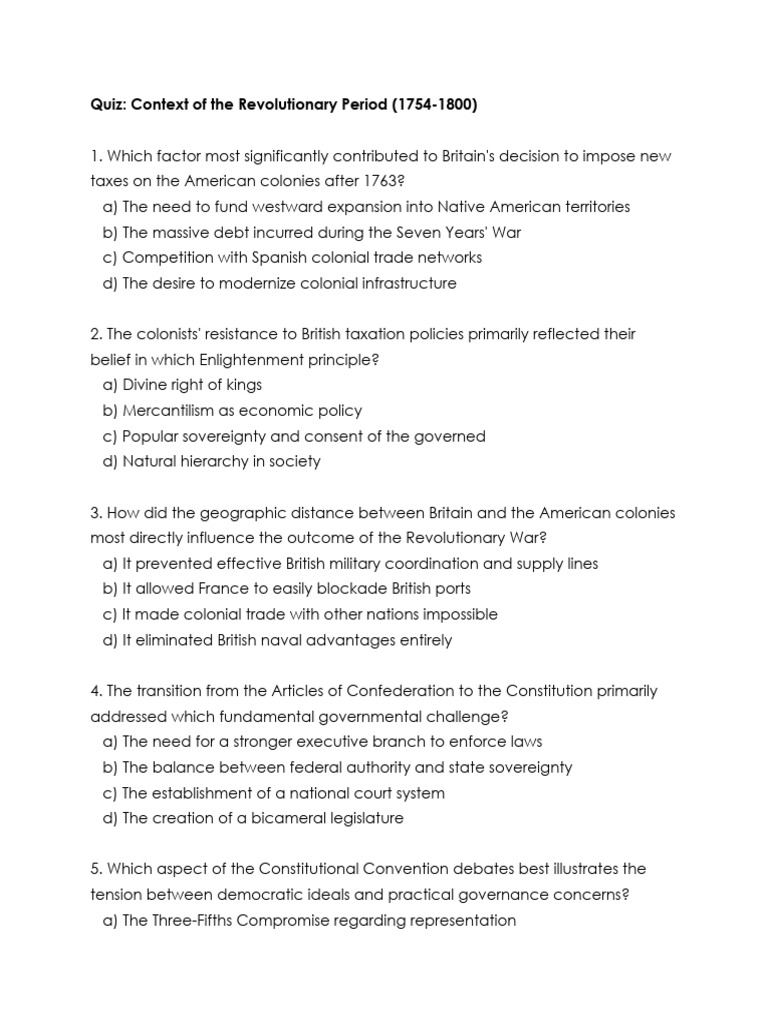 Quiz - Context of The Revolutionary Period (1754-1800 | PDF | The ...
