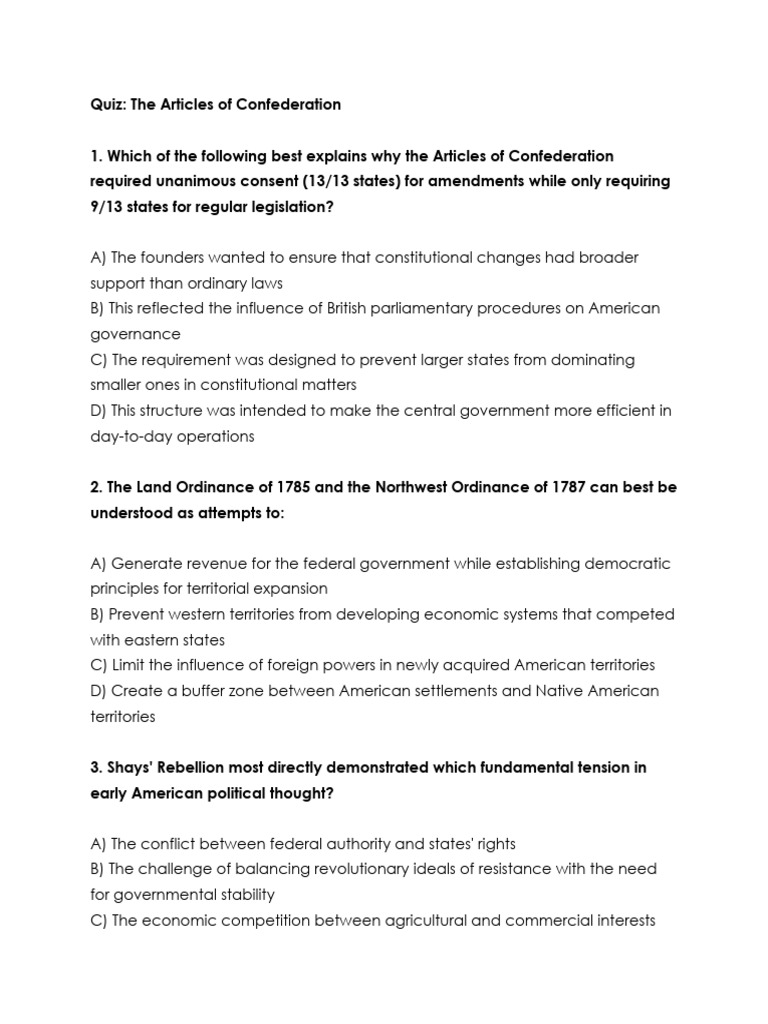 Quiz - The Articles of Confederation | PDF | The United States | Government