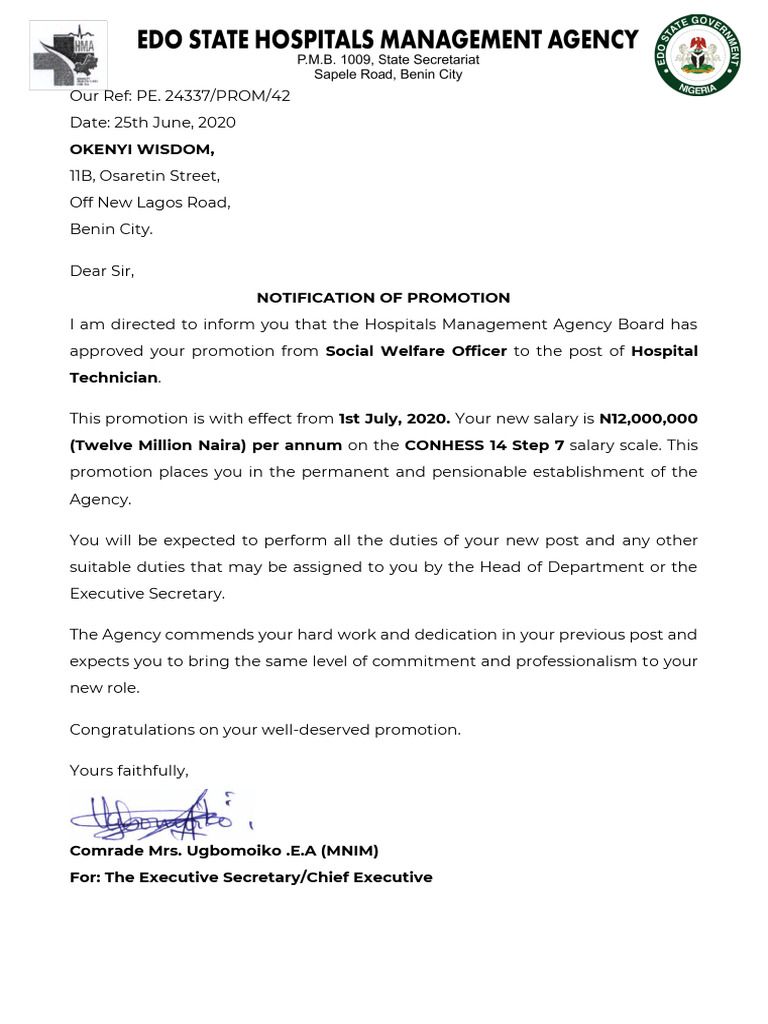 Promotion Letter at Edo Hospital Management Agency | PDF