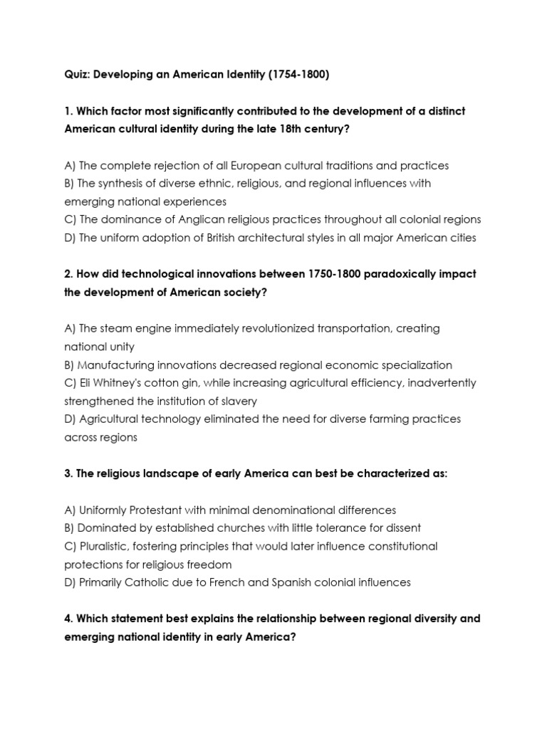 Quiz - Developing An American Identity (1754-1800) | PDF | The United ...