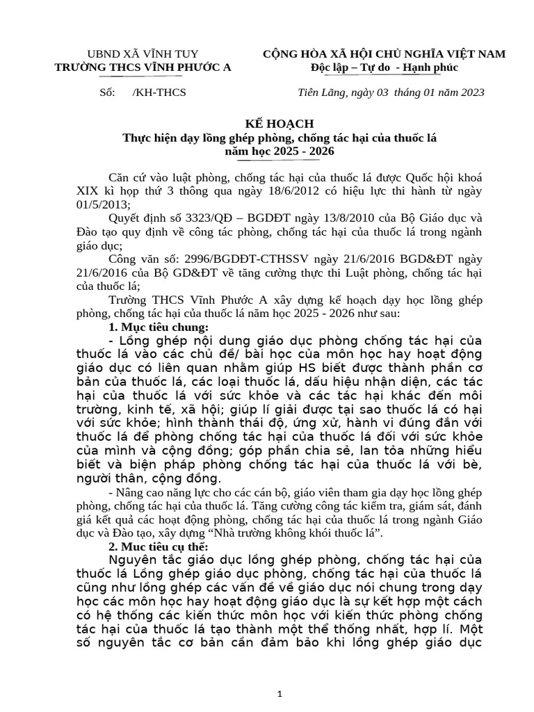 Kh Day Hoc Long Ghep Tac Hai Thuoc La 2022 2023 Thcs Thi Tran 9220237 | PDF