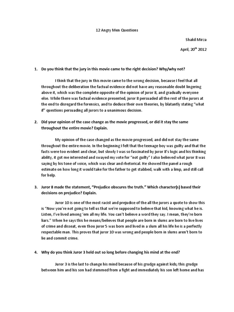 12 Angry Men Questions | PDF | Justice | Crime & Violence