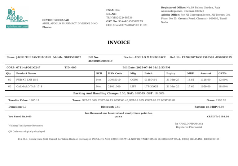 Apollo Pharmacy Invoice Details | PDF | Government Of India | Economy ...