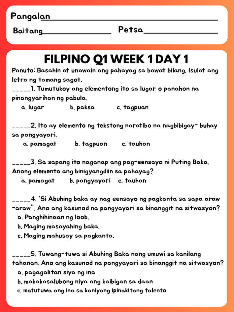 Filipino Worksheet | PDF