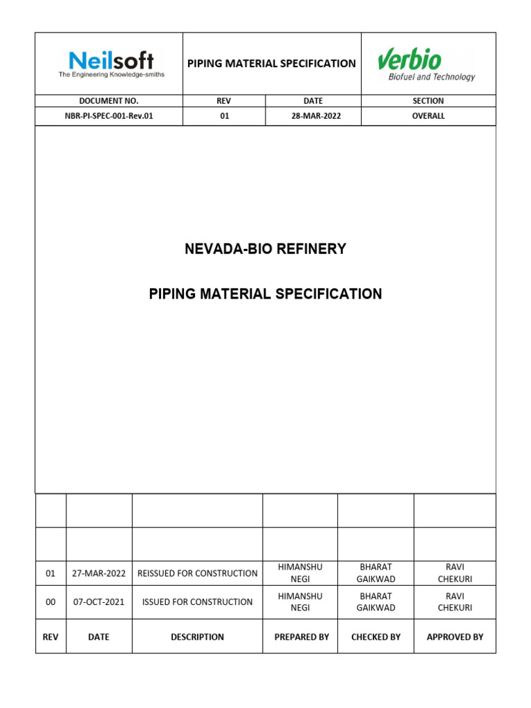 NBR PI SPEC 001 Rev 01 - Piping Material Specification | PDF | Pipe ...