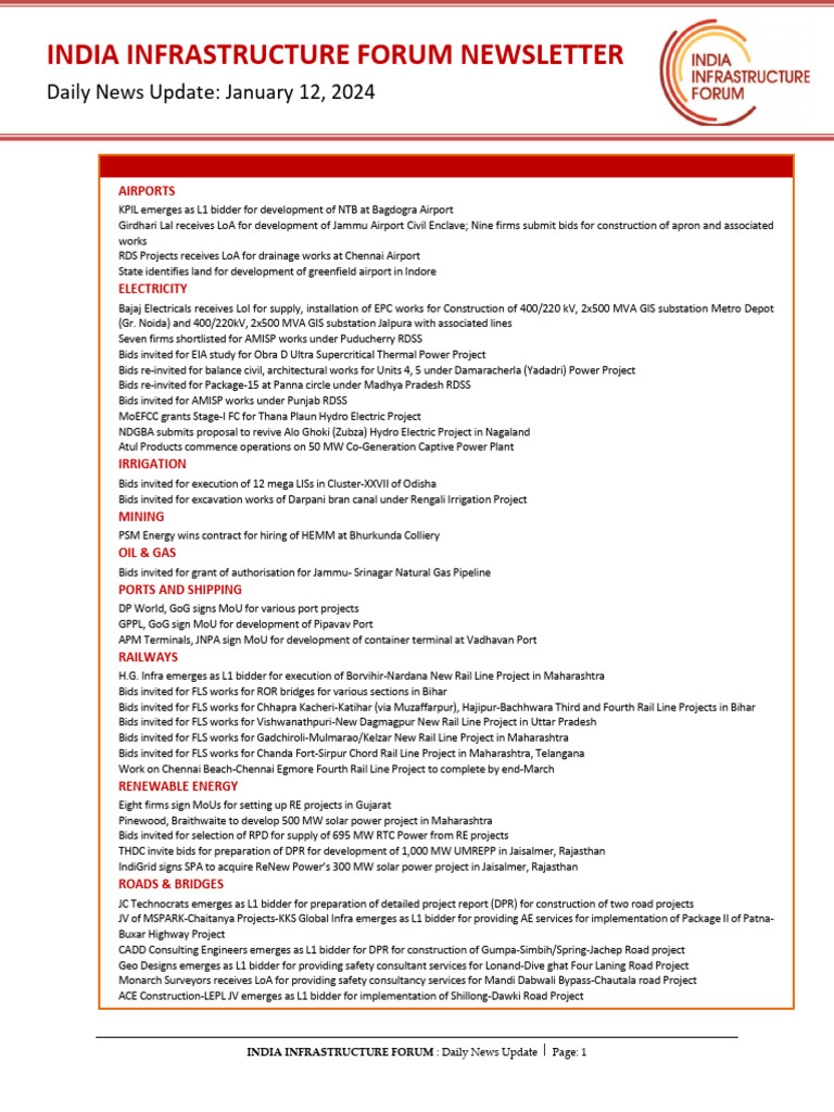 India Infrastructure Forum 12 January 2024 | PDF | Coal Mining | Gujarat