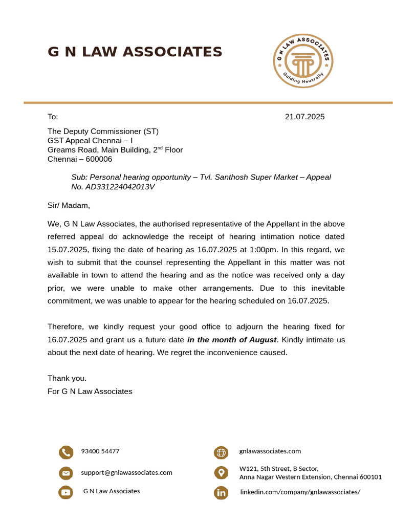 Request to Adjourn GST Hearing | PDF