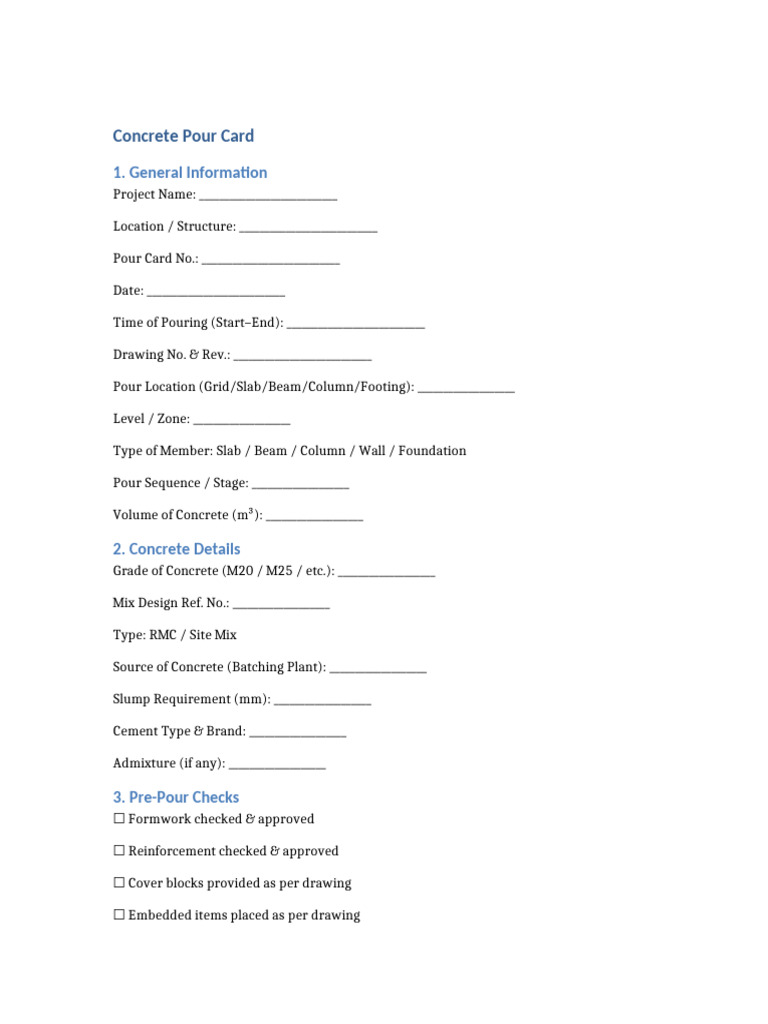 Concrete Pour Card Format | PDF