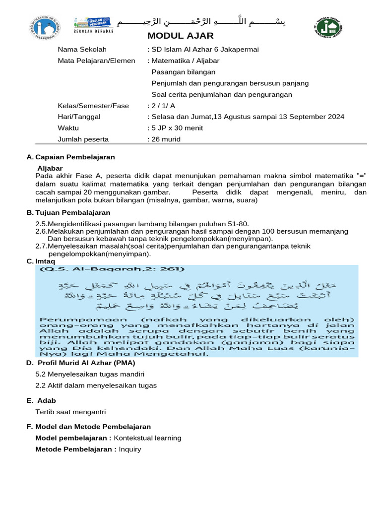 Modul Ajar Mtk Kls 2 bab 2 smt 1 2024 | PDF