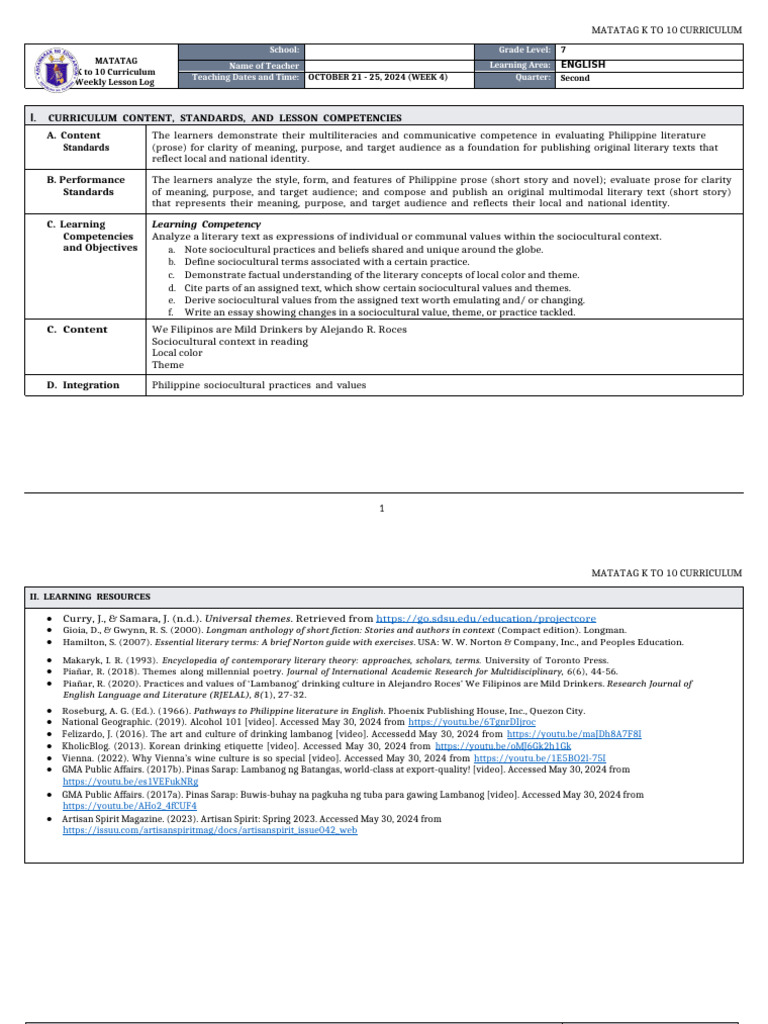 Matatag DLL English g7 q2 w4 | PDF | Curriculum | Narrative
