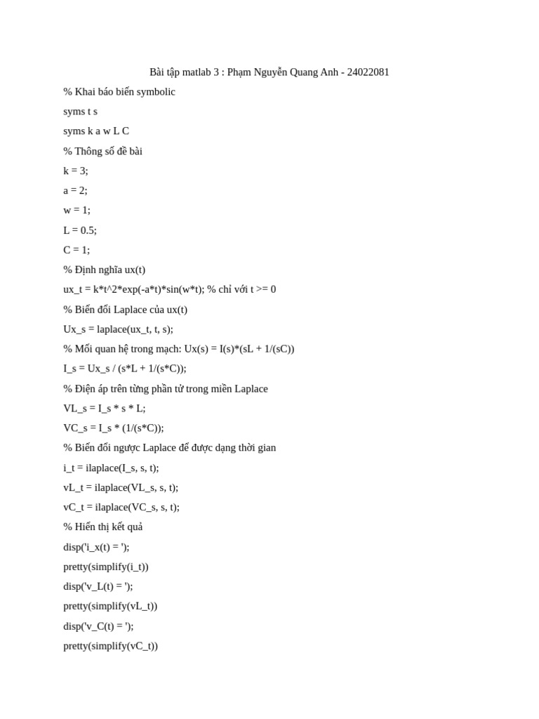Bài Tập Matlab 3 | PDF