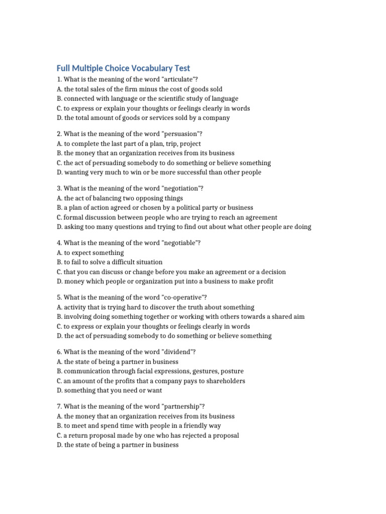 Vocabulary Multiple Choice Test | PDF | Money | Communication