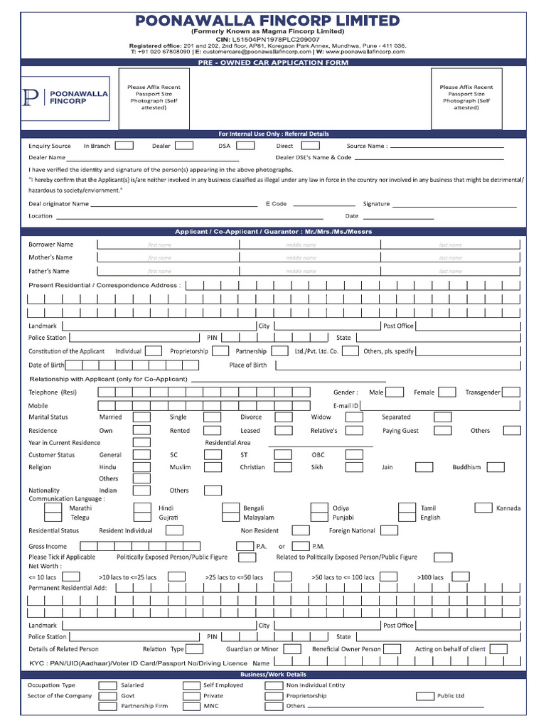 Poonawalla Pre-Onwed Car Application Form 24.10.22 | PDF
