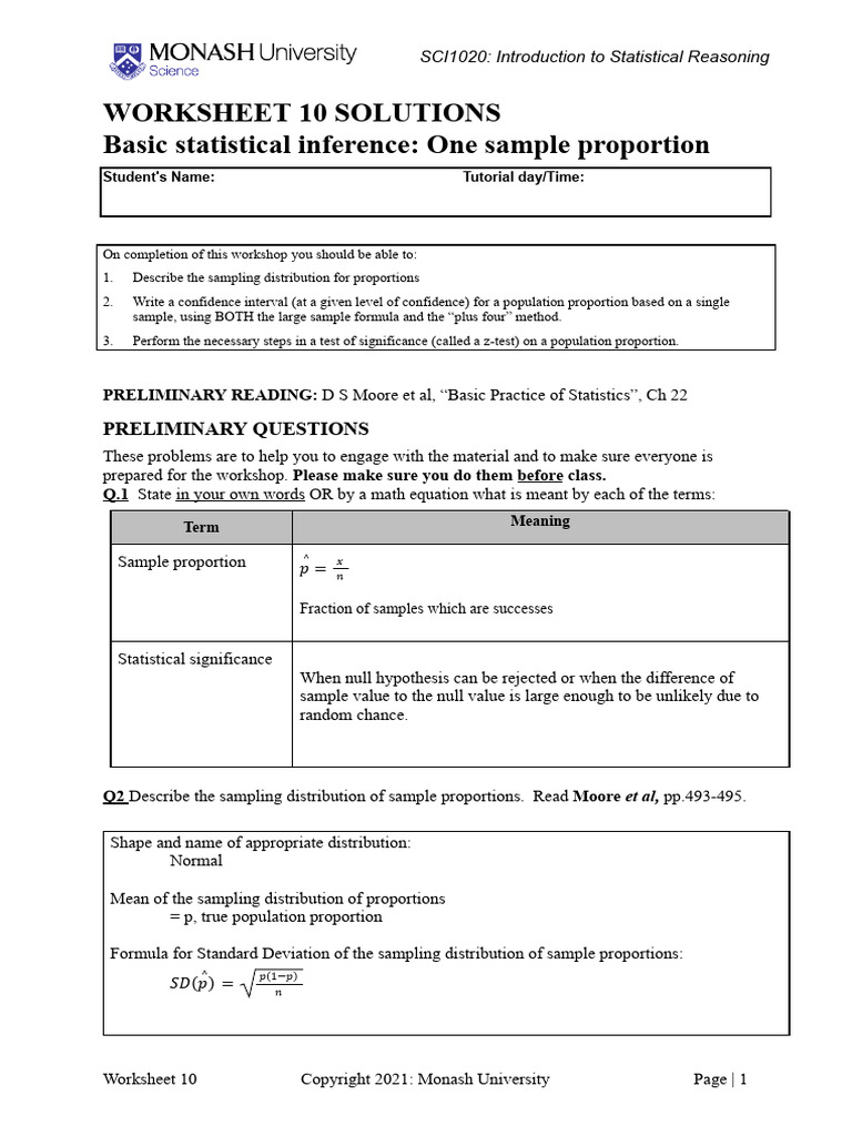 Statistical Inference: Proportions Worksheet | PDF | Standard Error ...