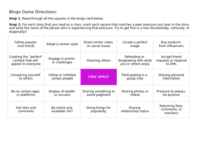 Bingo Game: Peer Pressure Awareness | PDF