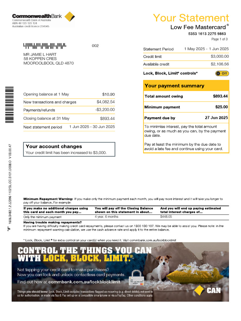 Comm Bank Low Fee credit card statement | PDF