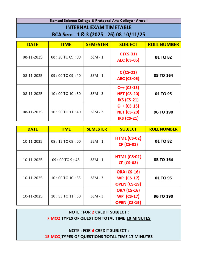 BCA Internal Exam Timetable 2025 | PDF