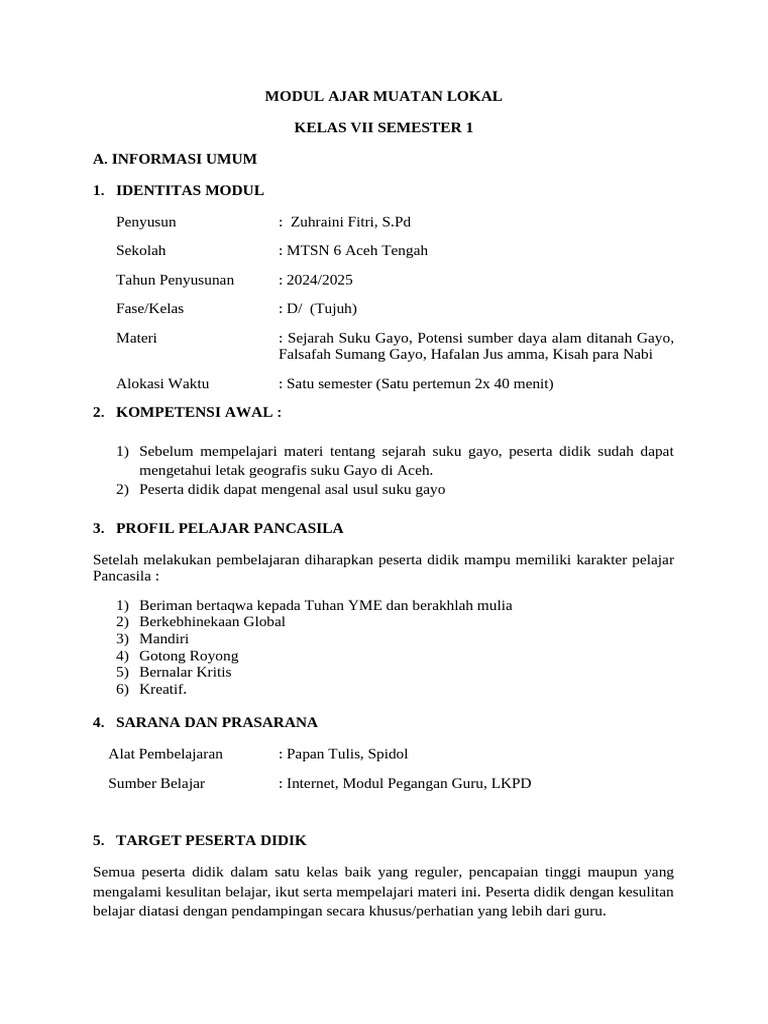 Modul Ajar Sejarah Suku Gayo Kelas VII | PDF