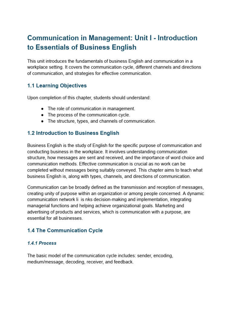 Communication in Management - Unit I - Introduction To Essentials of ...