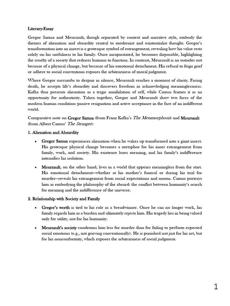 Gregor and Meursault: Alienation Explored | PDF | The Metamorphosis ...