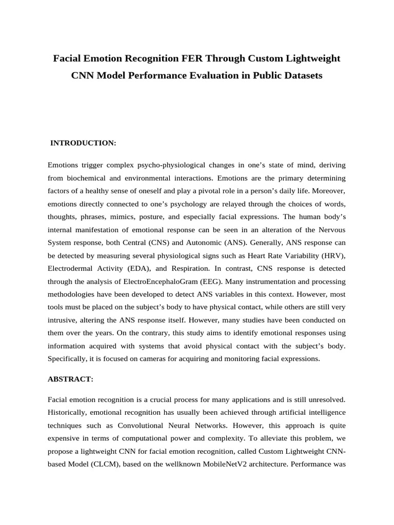 Facial Emotion Recognition FER Through Custom Lightweight CNN Model Performance Evaluation in ...