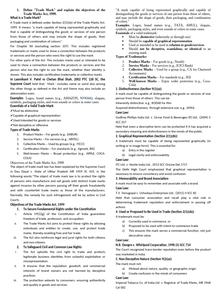 Objectives of the Trademark Act 1999 | PDF | Trademark | Trademark ...