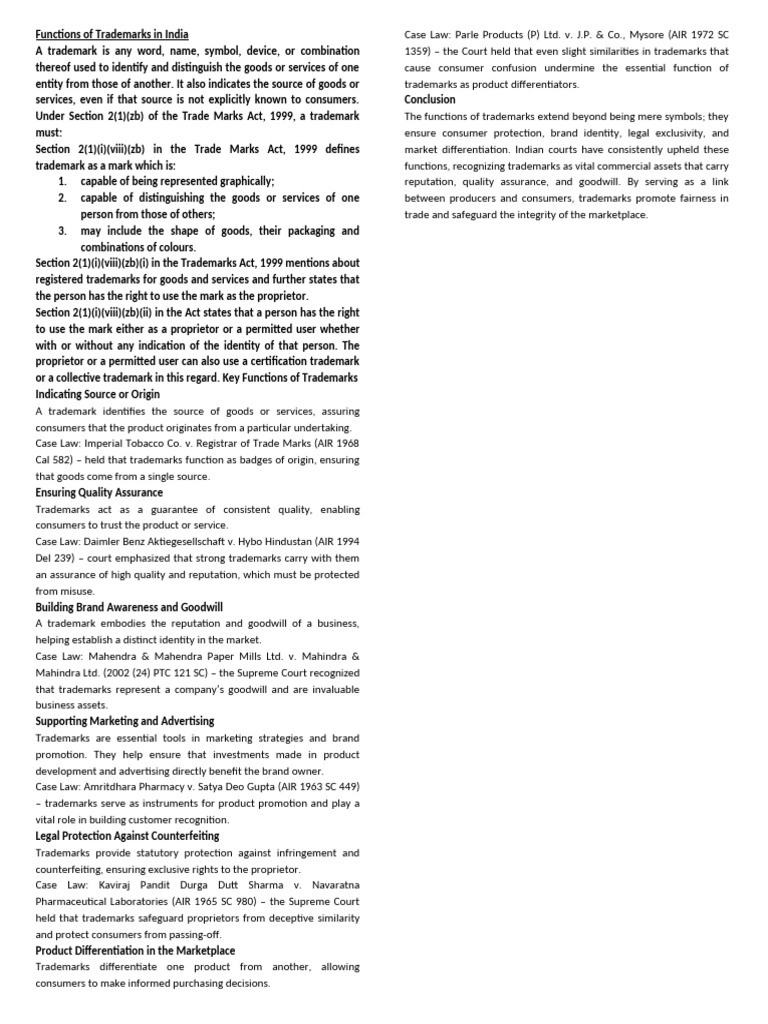 Key Functions of Trademarks in India | PDF | Trademark | Brand