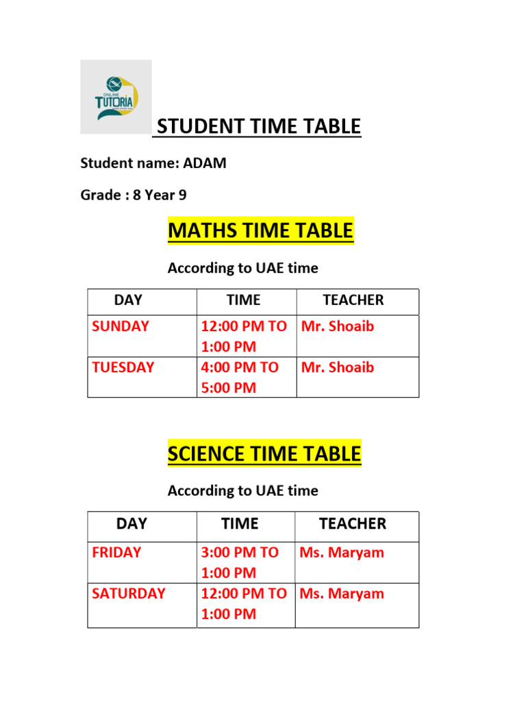Adam's Revised Time Table | PDF