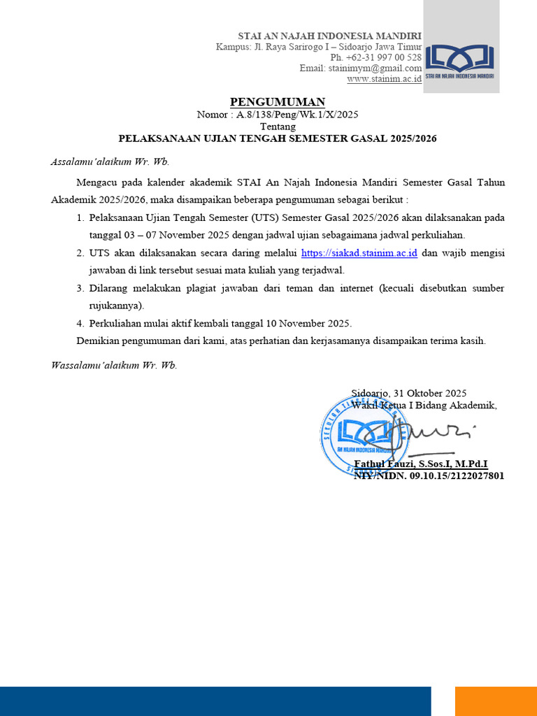 UTS Gasal 2025/2026 STAI An Najah | PDF