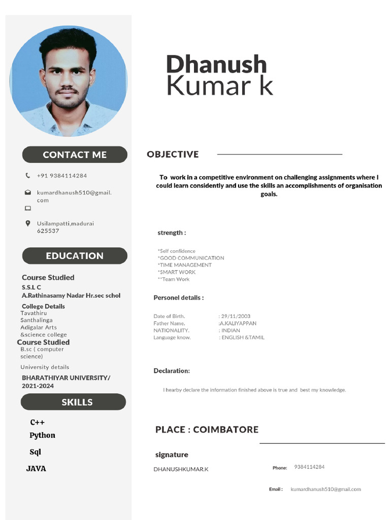 Dhanush Kumar - Resume | PDF