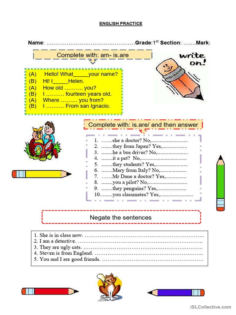 Complete With: Am-Is - Are: Name Grade Section Mark | PDF
