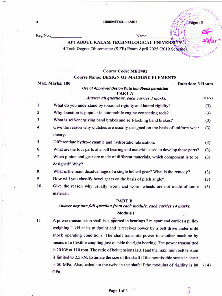 Machine Elements Design Exam Guide | PDF | Gear | Belt (Mechanical)