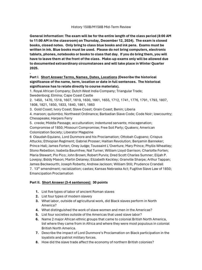 History 150B/M158B Mid-Term Exam Guide | PDF | Slavery | Slavery In The ...