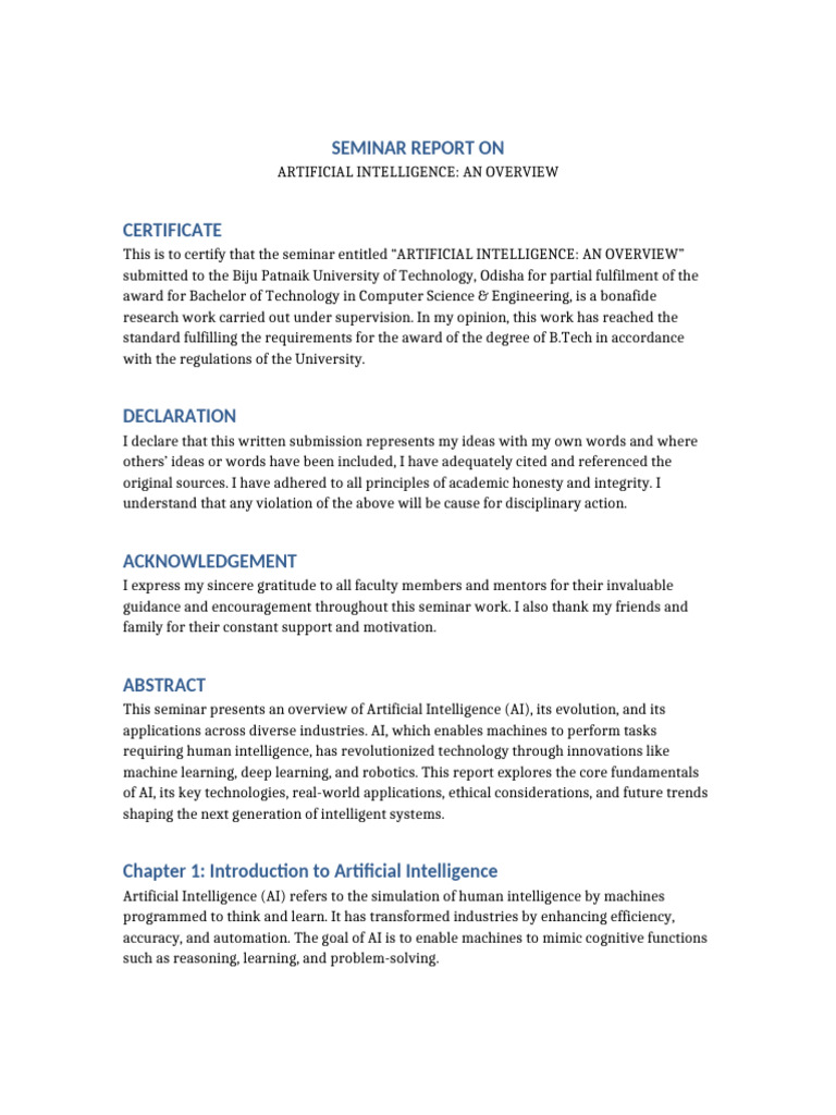 Seminar Report On Artificial Intelligence | PDF | Artificial ...