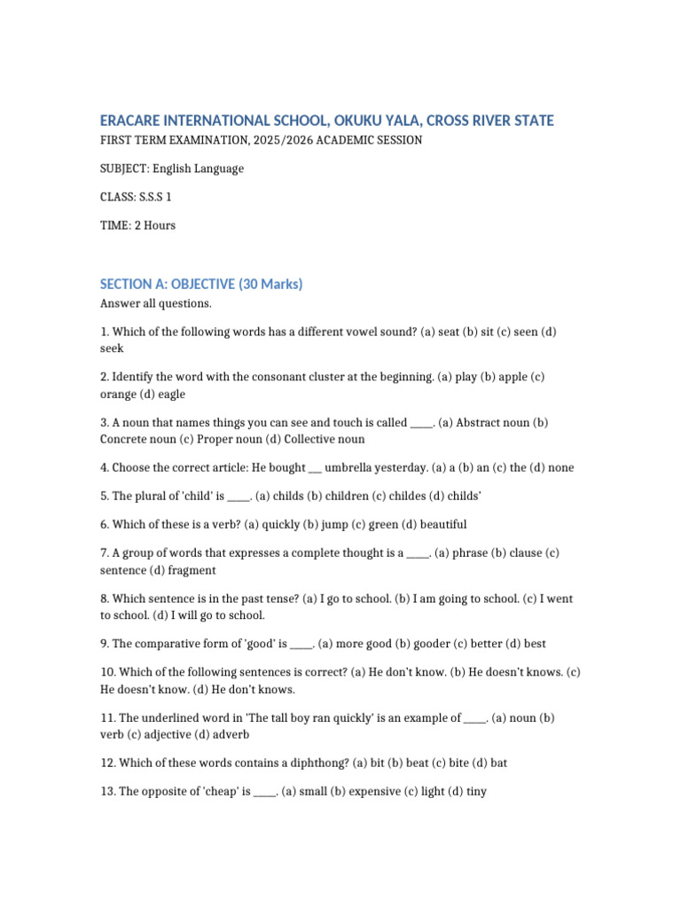 SSS1 English First Term Exam 2025 2026 | PDF | Verb | Stress (Linguistics)