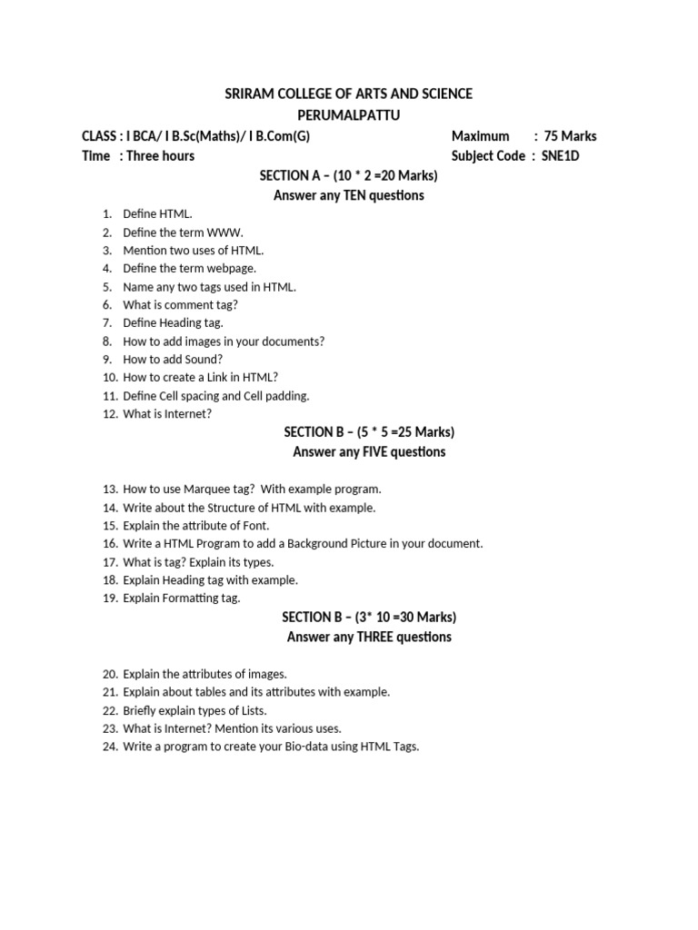 NME - HTML Question Paper 2020-2021 | PDF