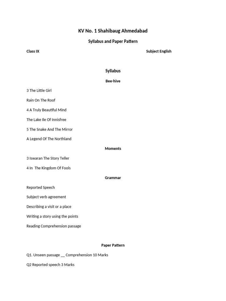 Class IX English Syllabus & Paper Pattern | PDF