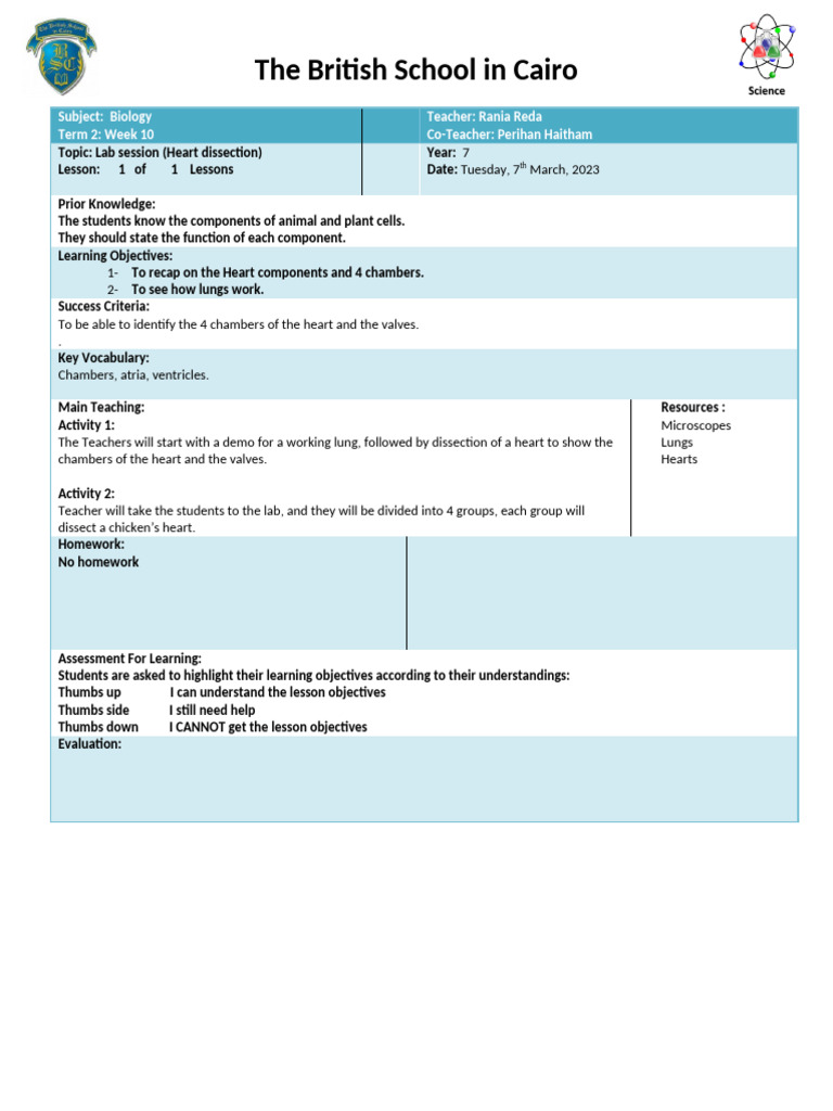 Heart and Lungs Lab Session Lesson Plan L2 (T2 Week 9) | PDF