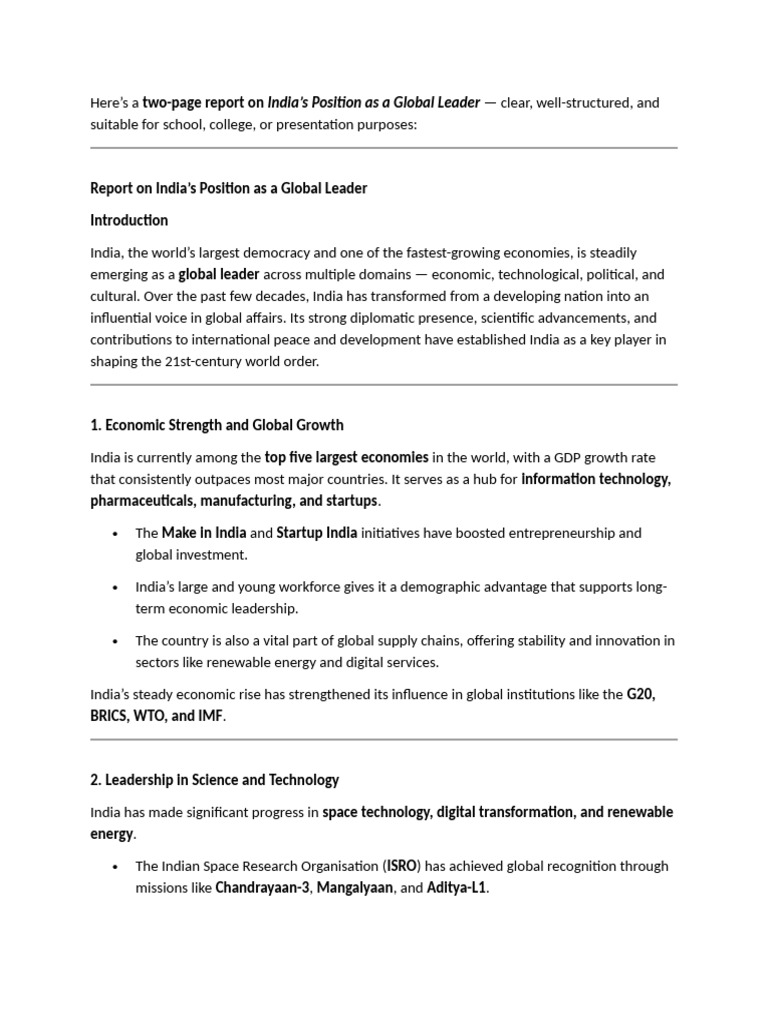 India as a Global Leader: A Comprehensive Report | PDF | Sustainability ...
