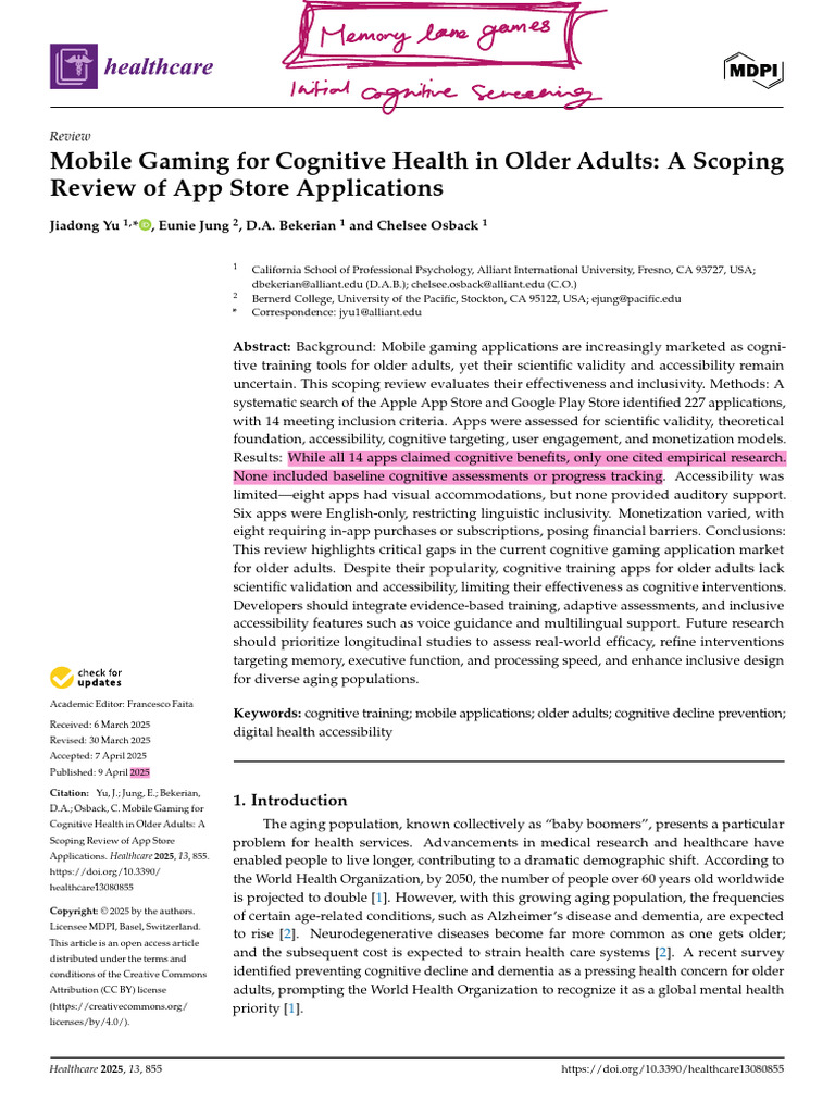 Mobile Games for Older Adults' Cognitive Health | PDF | Systematic ...