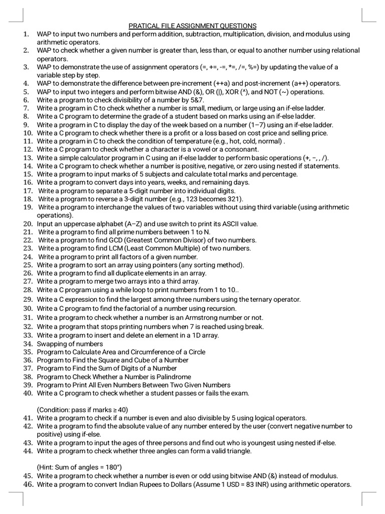 C Programming Practical Assignment Questions | PDF | Numbers | Arithmetic