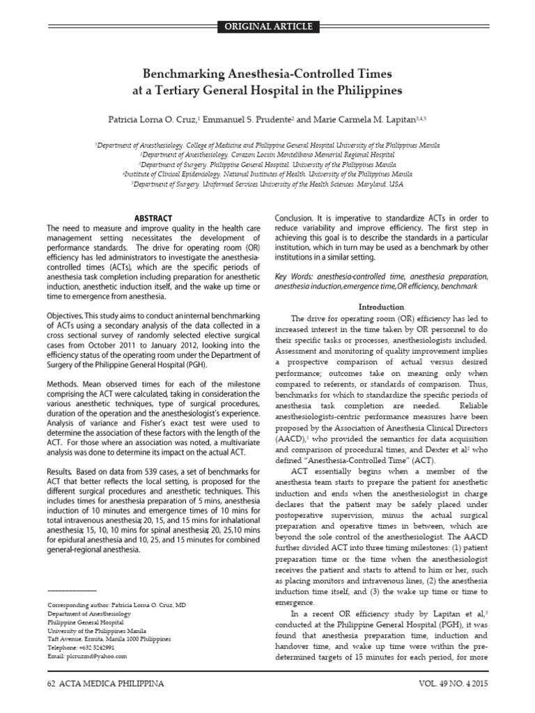 Benchmarking Anesthesia-Controlled Times at A Tertiary General Hospital ...