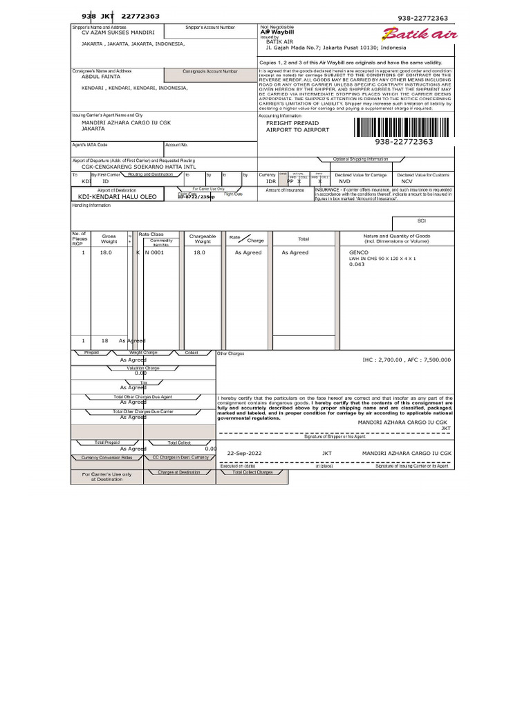 AWB No - 938-22772363 KDI | PDF