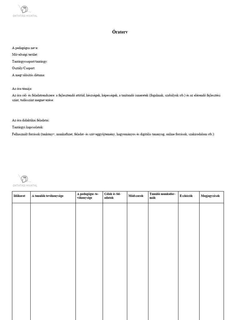 Sablon Altalanos Oraterv 1 | PDF