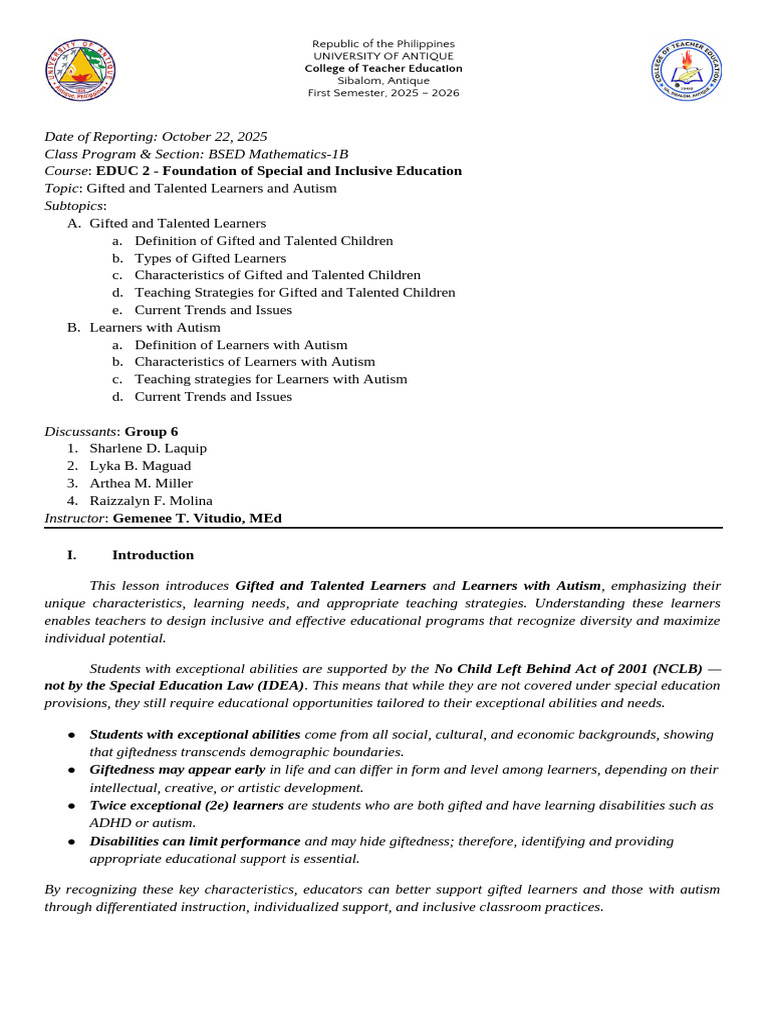 Gifted and Talented Learners and Autism Handout | PDF | Intellectual ...