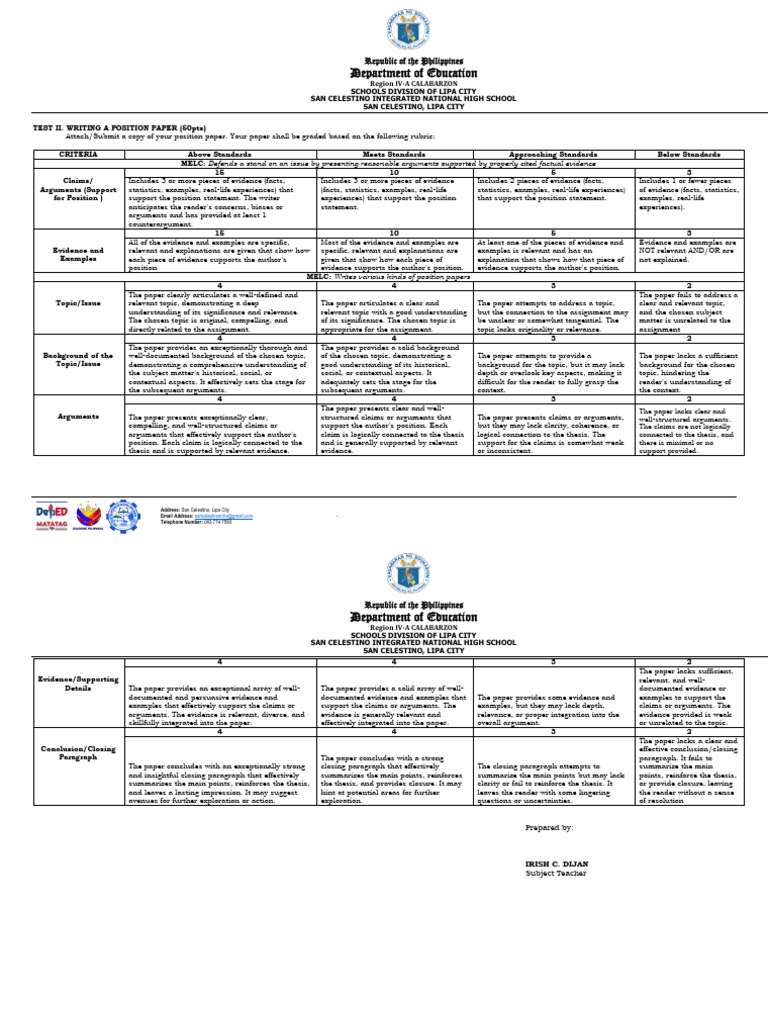Position Paper Rubric | PDF | Argument | Evidence