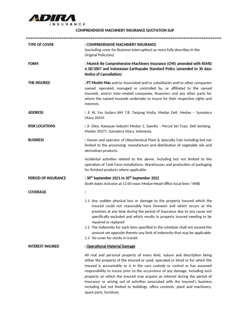 Comprehensive Machinery Insurance Quote | PDF | Insurance | Indemnity