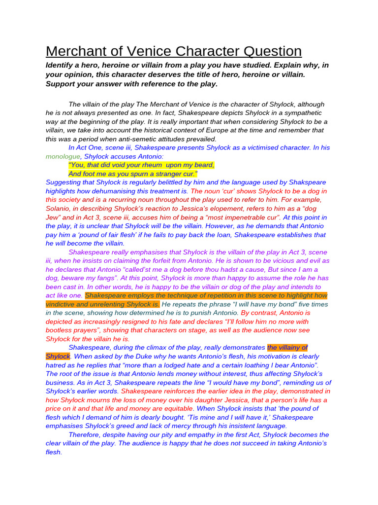 Merchant of Venice Character Question | PDF | The Merchant Of Venice ...