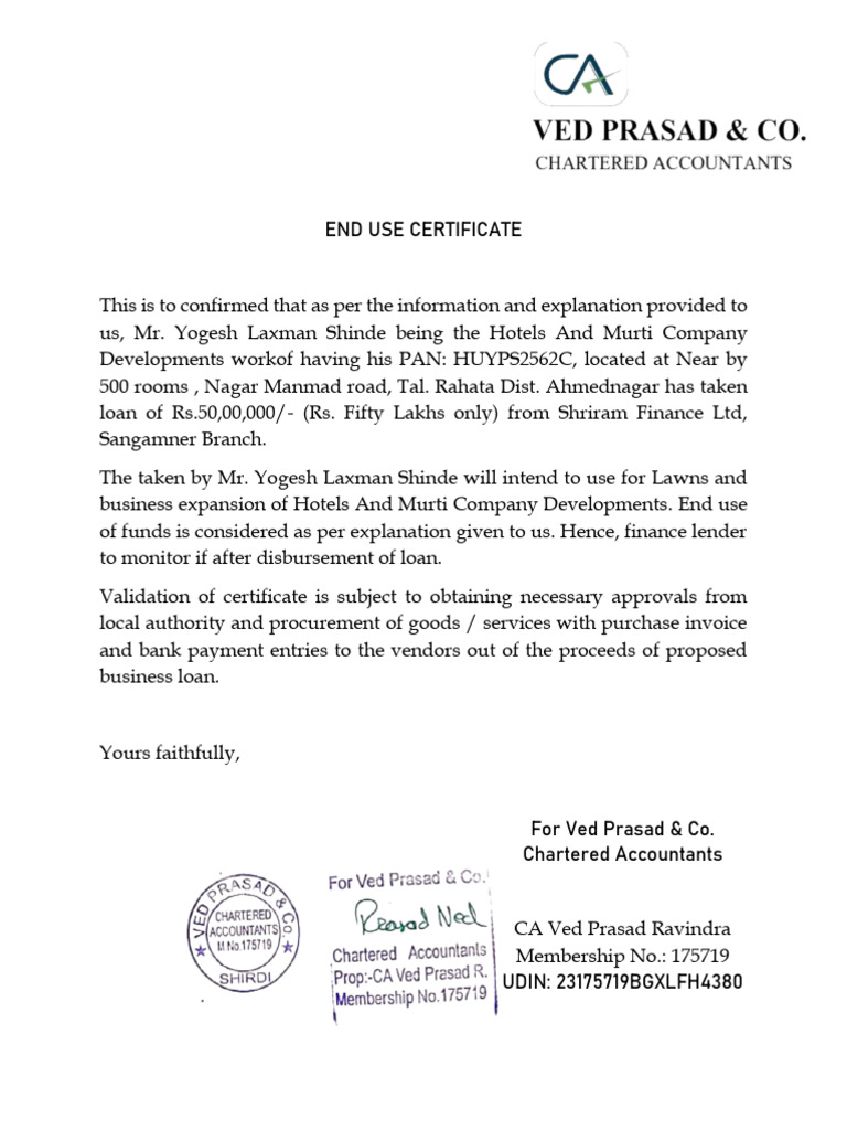 End Use Certificate for Business Loan | PDF