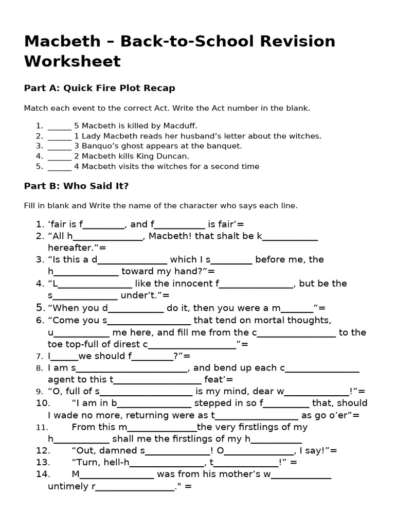Macbeth Revision Back To School | PDF | Macbeth | Shakespearean Tragedies